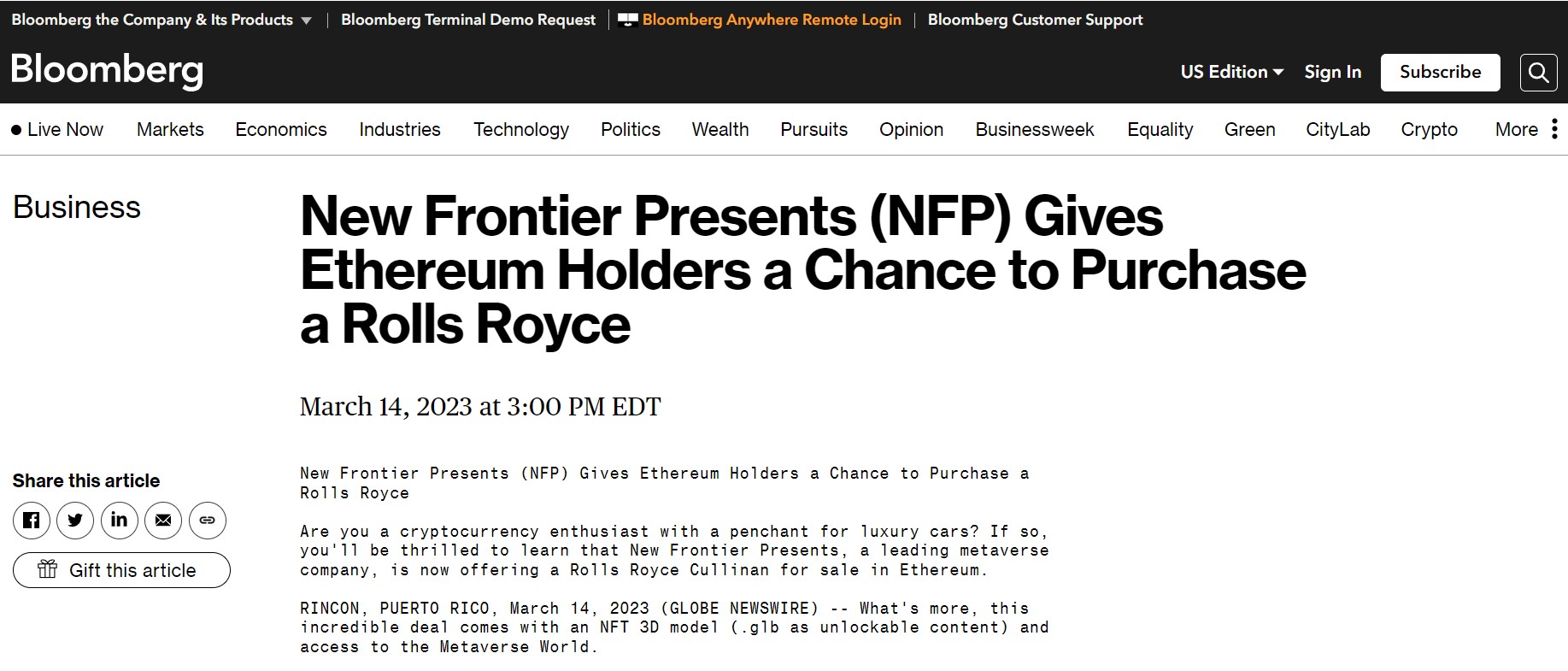 Buy a Rolls Royce Cullinan in Ethereum · New Frontier Presents